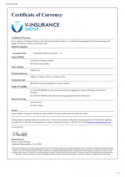 Insurance Certificate of Currency – Fremantle Netball Association